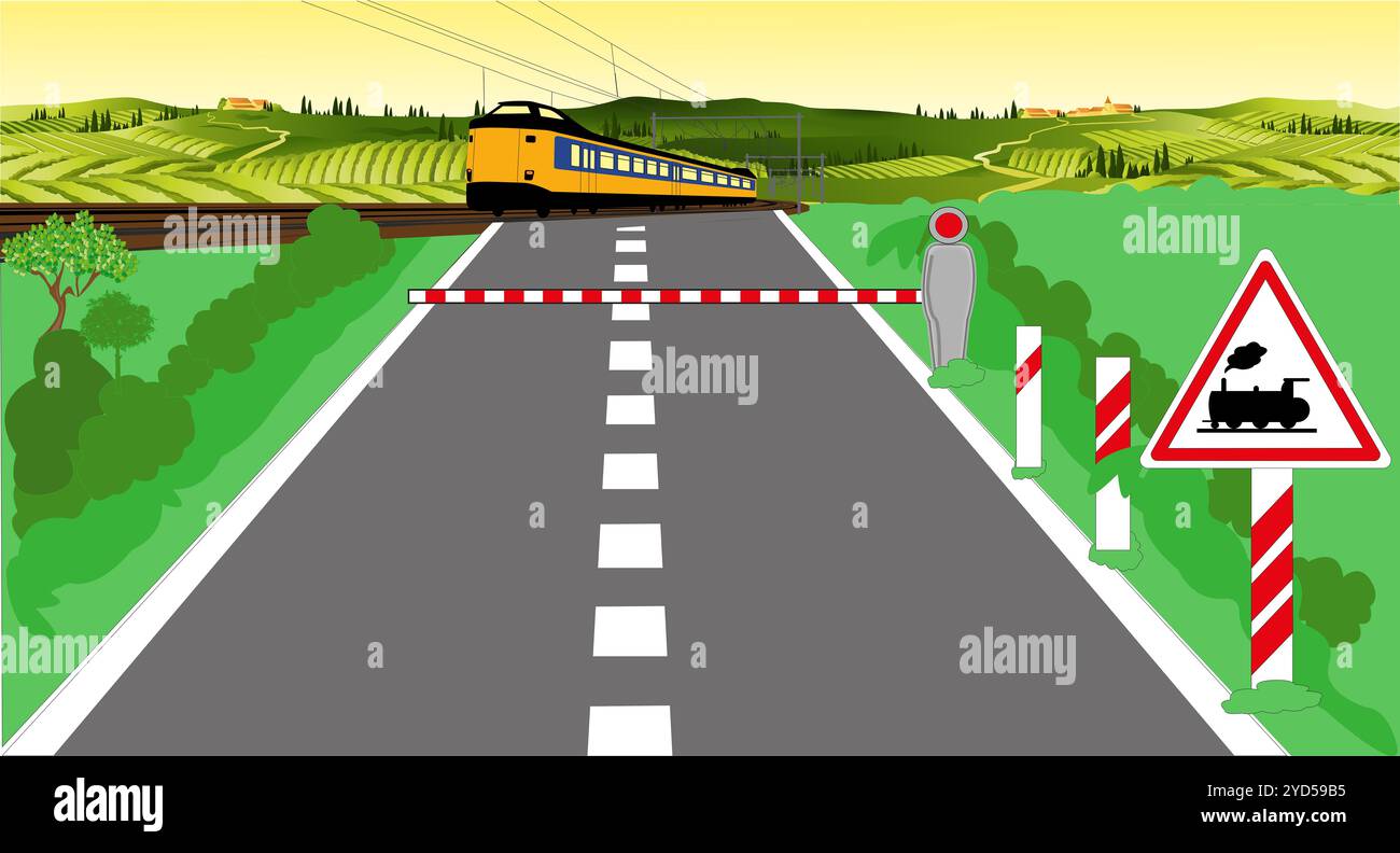 Lowered level crossing barrier, railway sign and beacons in rural areas ...