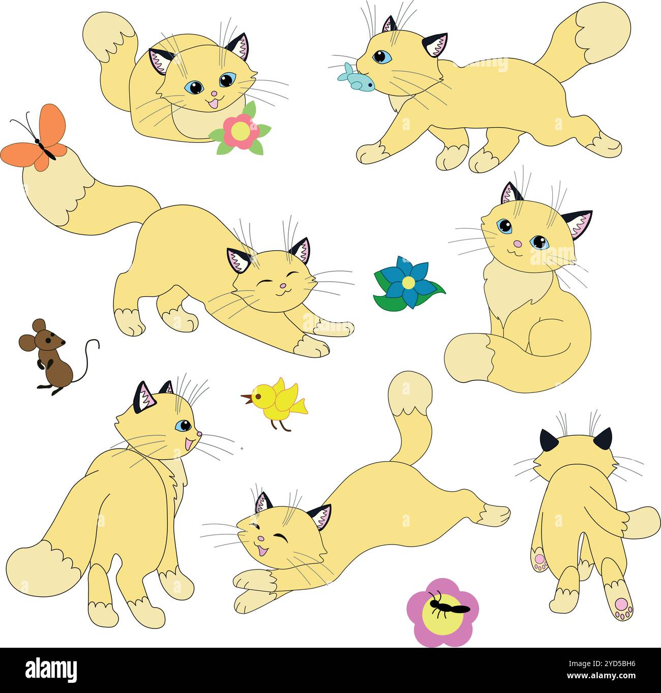 gray cute cartoon kitten with butterflies in different variations. Set ...