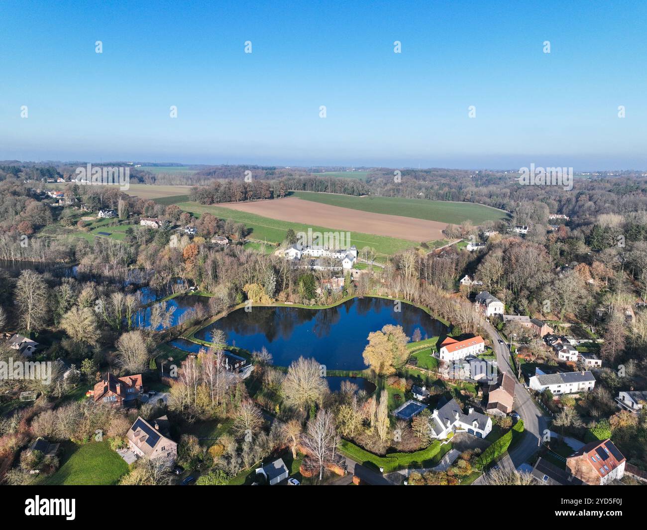 Aerial view of small countryside town in the area of Walloon, Belgium ...