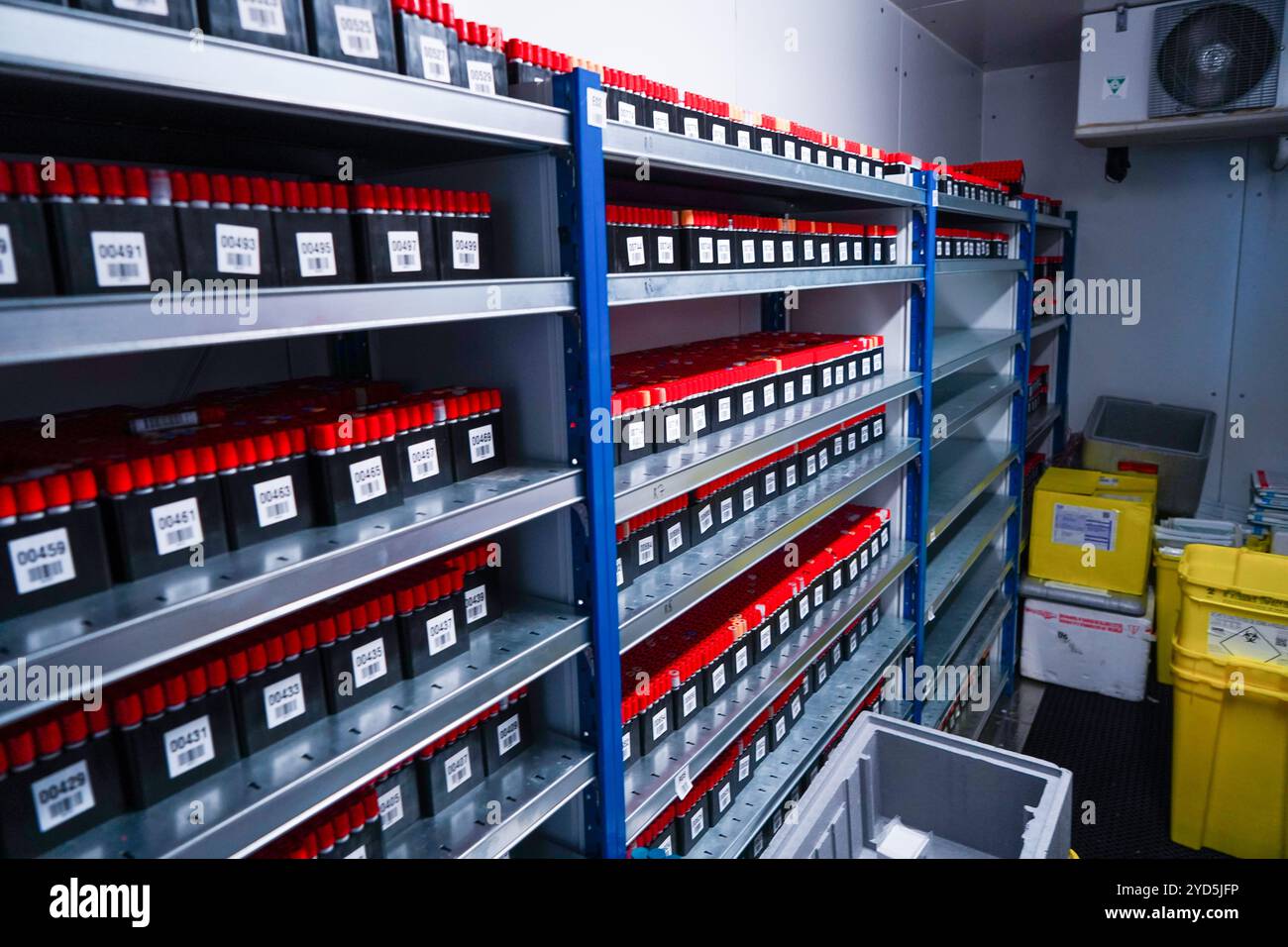 Medical analysis laboratory. Blood sample racks in negative cold room ...