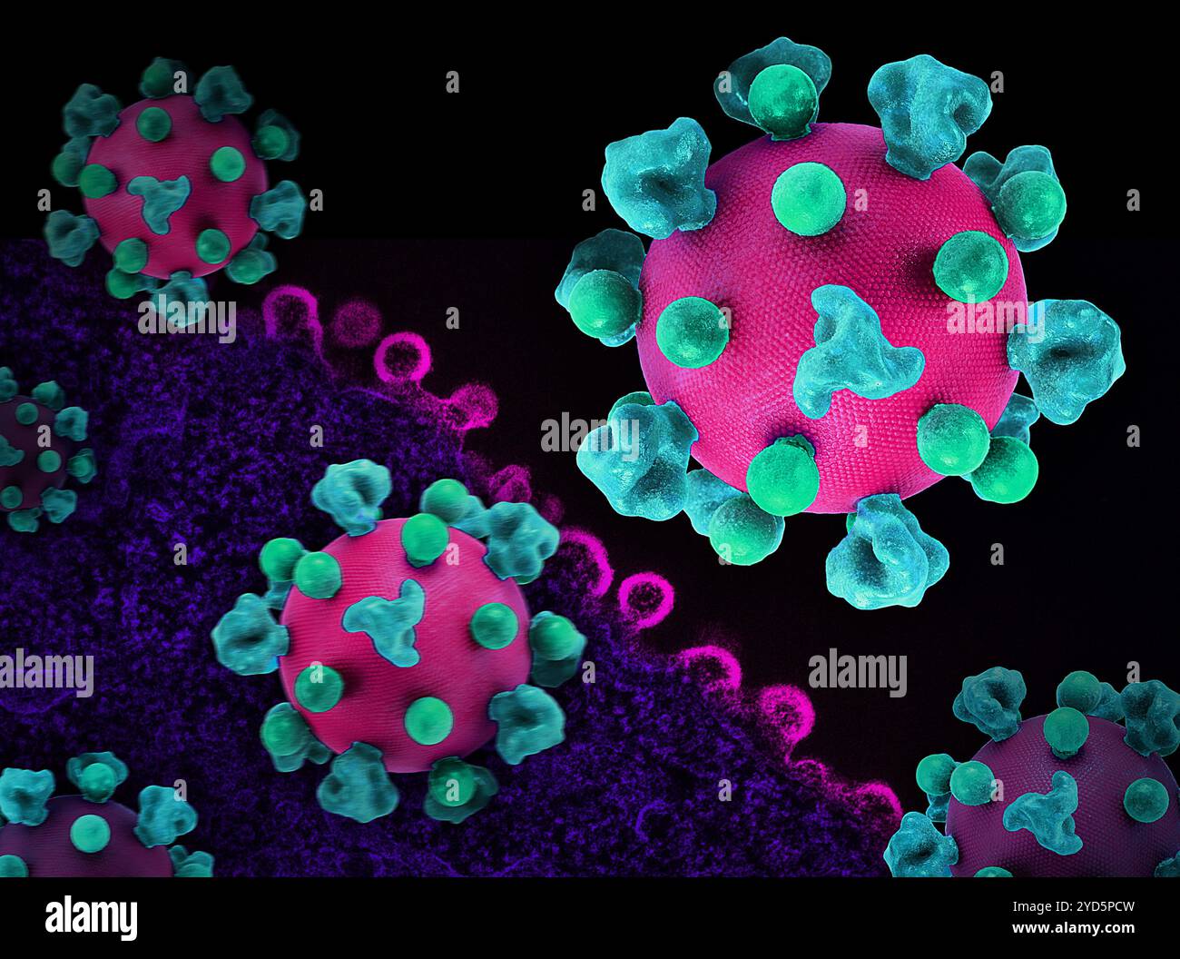 Layout featuring colorized 3D prints of HIV virus particles (pink with ...