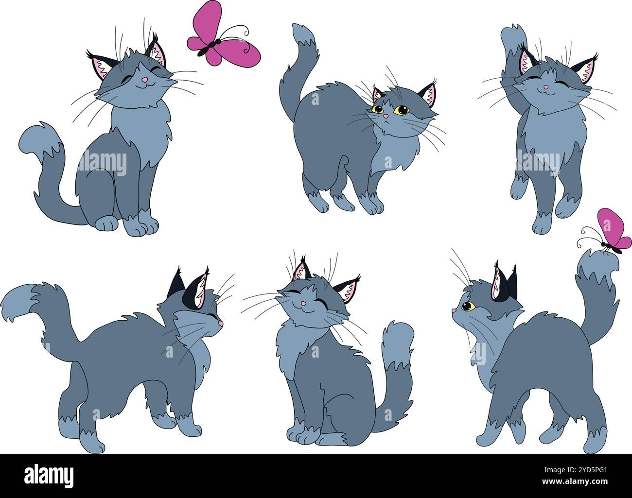 cute gray cartoon cat. Set of vector illustrations in cartoon style ...