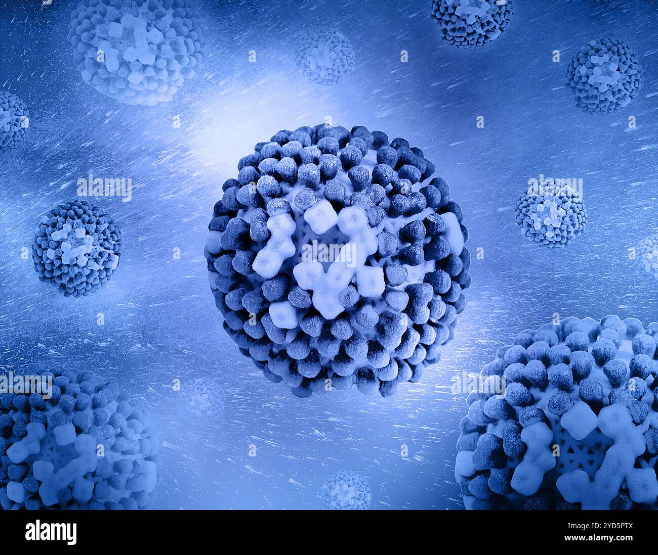 Creative layout featuring colorized 3D renditions of influenza virus ...