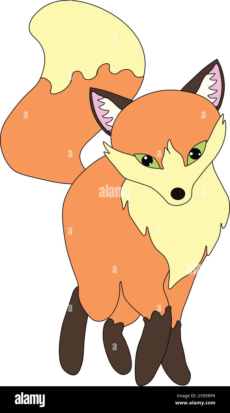 cute red fox with big fluffy tail and green eyes stands and looks ...