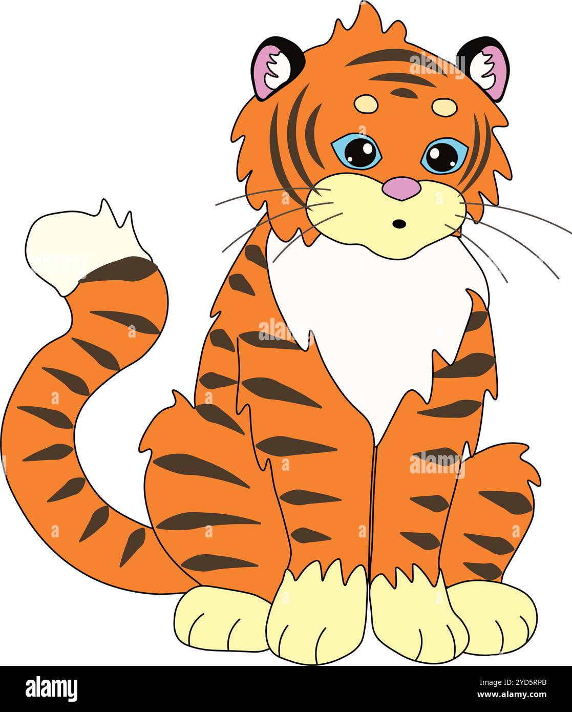 big cute striped tiger with blue eyes sits and looks in front of him in ...