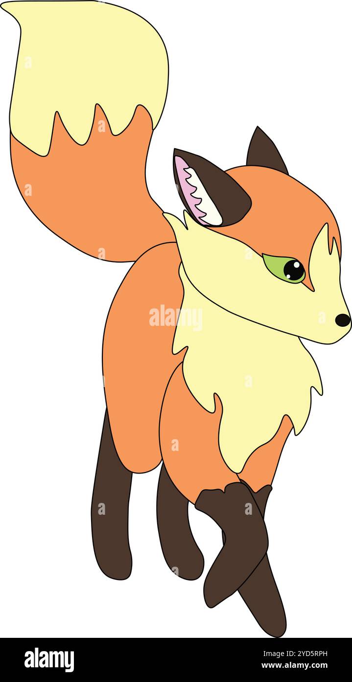 cute red fox with big fluffy tail stands with raised paw, stock vector ...