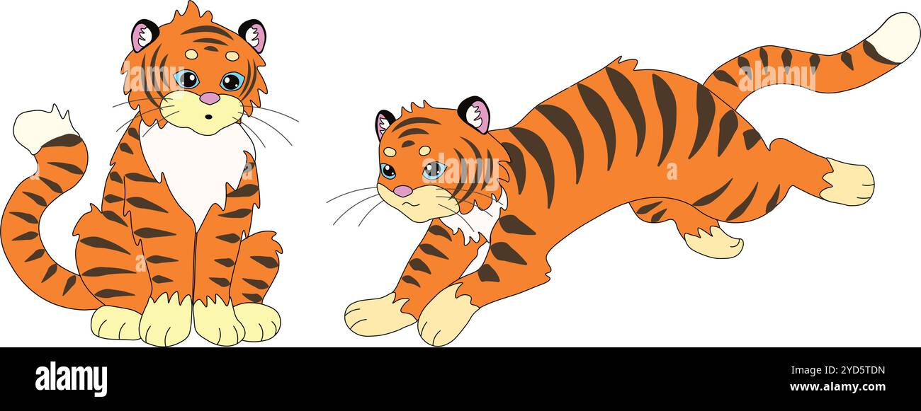 cute cartoon striped tiger. Set of vector illustrations in cartoon ...