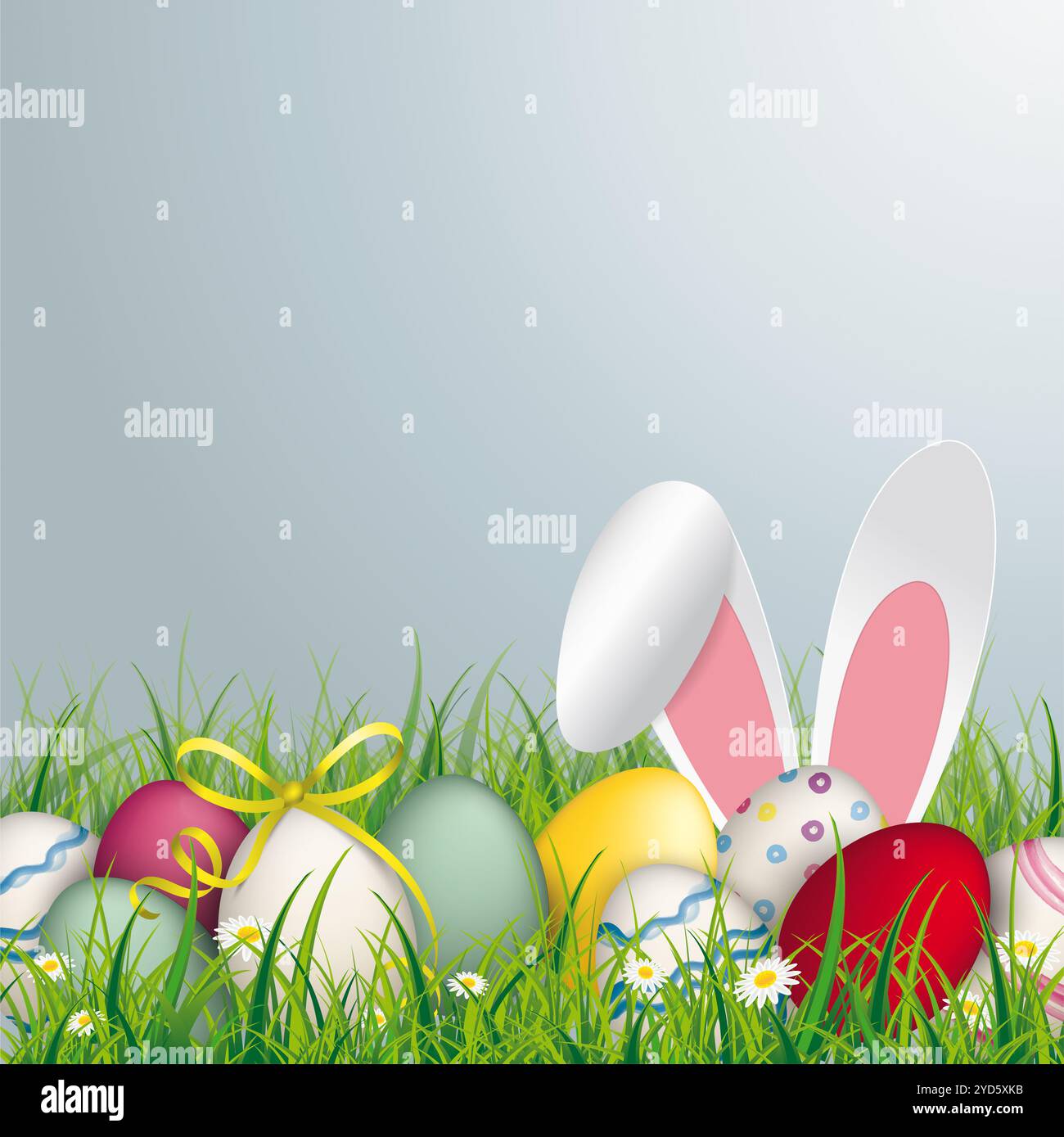 Colored eggs with hare ears in the grass on the grey background. Eps 10 ...
