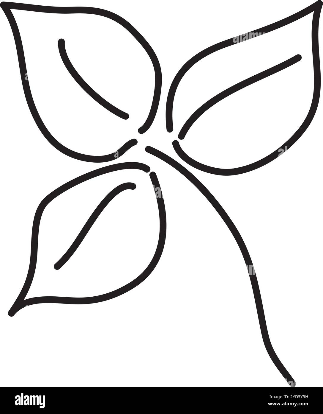 three leaves on one branch, hand drawn with black brush, white ...