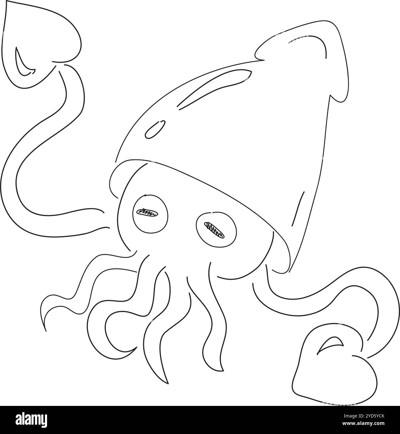 squid with tentacles and eyes, hand drawn with black brush on white ...