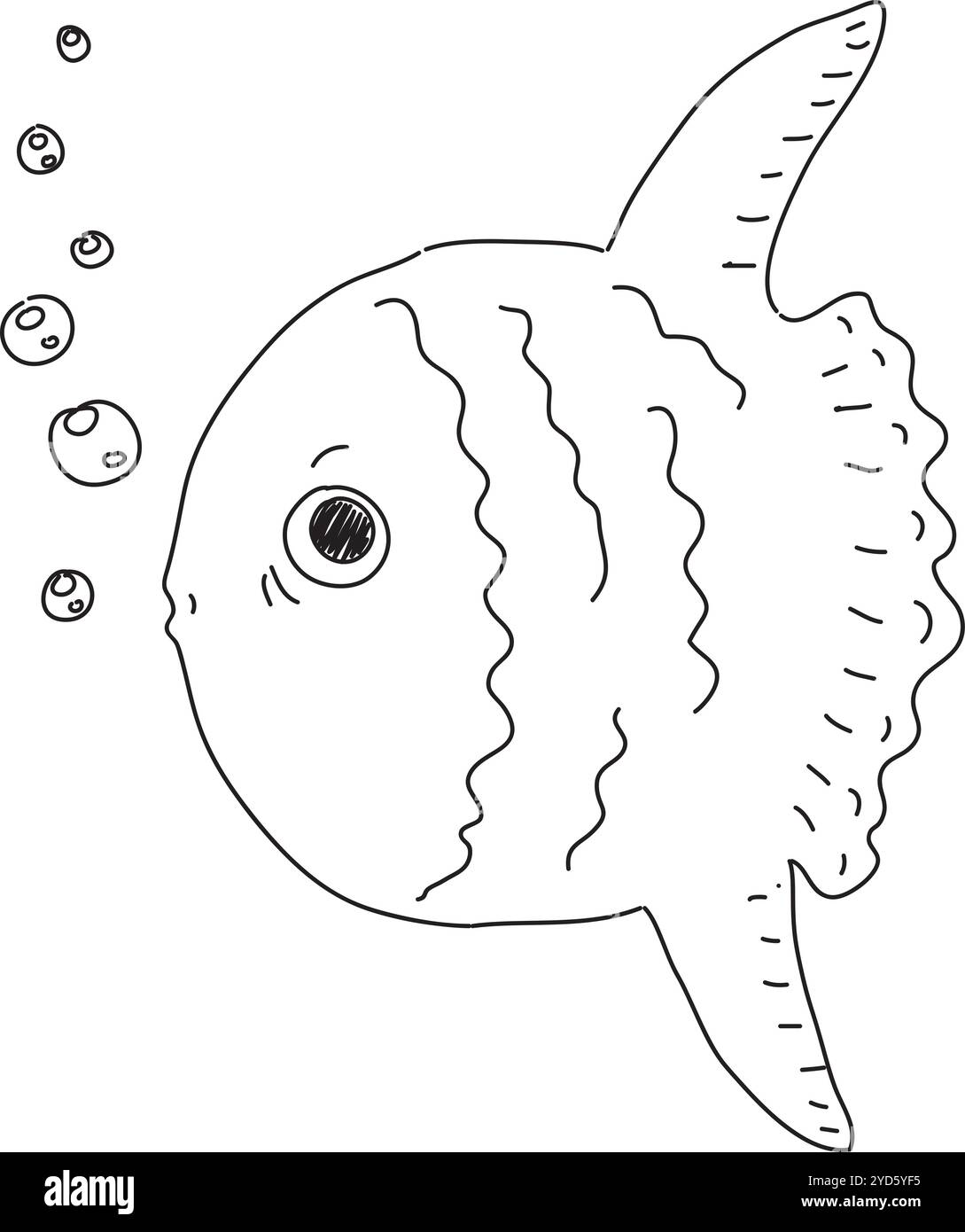 thoughtful moon fish blowing bubbles side view, hand drawn with black ...