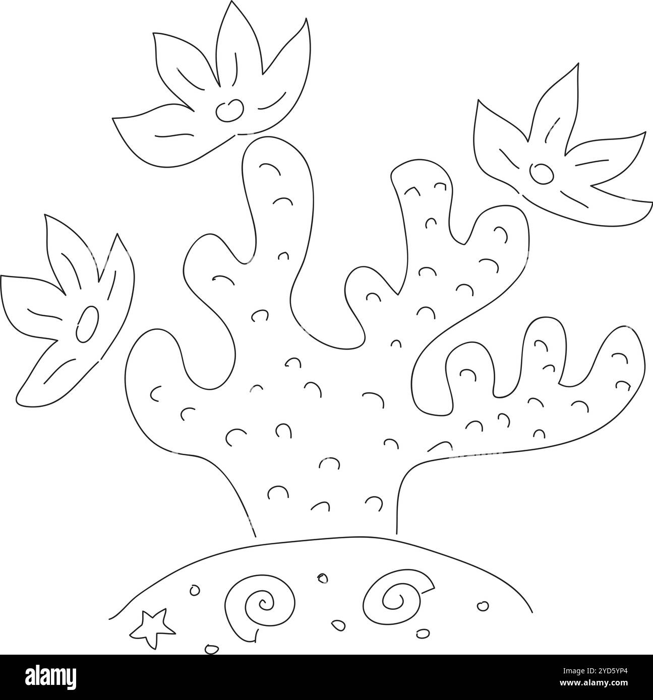 corals with flowers and shells, hand drawn with black brush on white ...