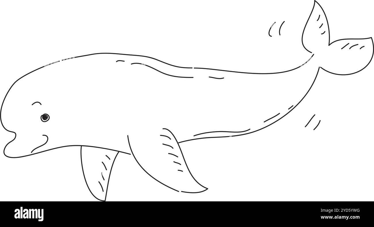 contented beluga, side view, hand drawn with black brush on white ...