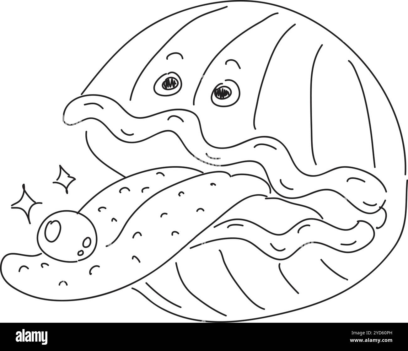 a bivalve mollusk with a pearl on its tongue, hand drawn with black ...