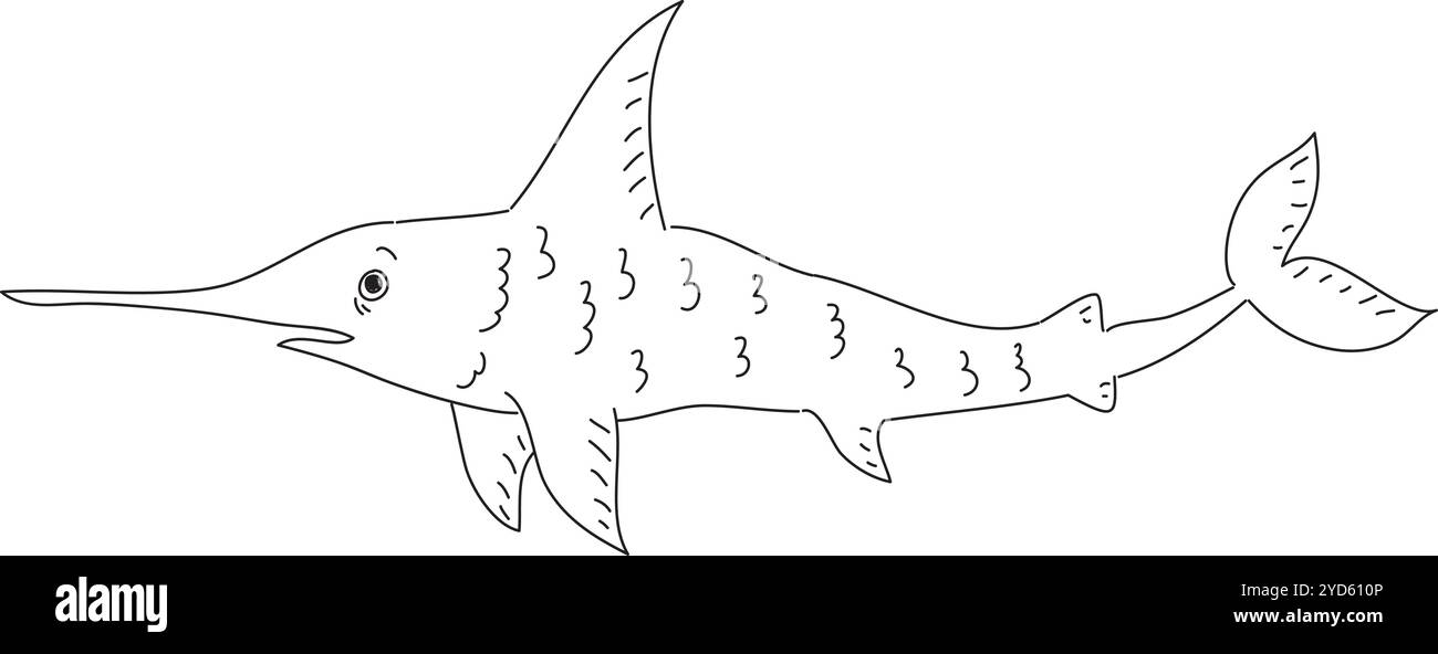 surprised swordfish side view, hand drawn with black brush on white ...