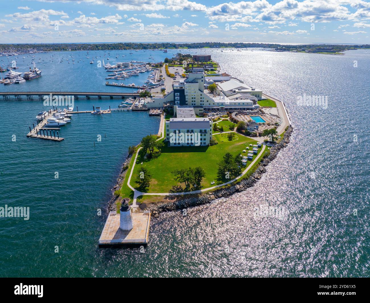Goat Island aerial view including Goat Island Marina and Goat Island Lighthouse in Narragansett ...
