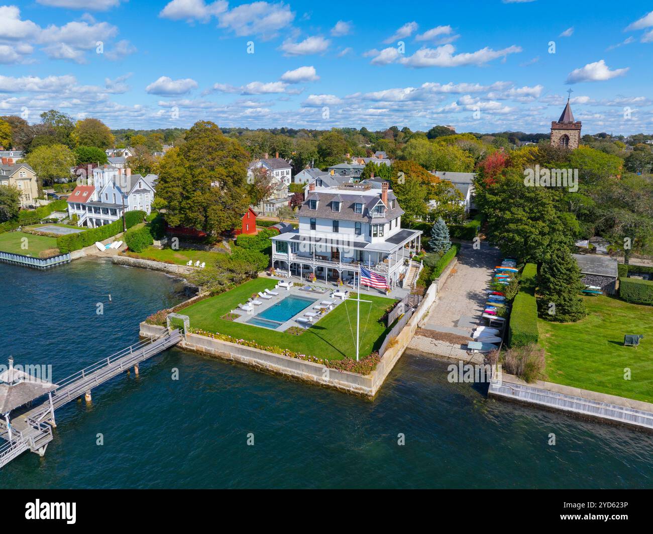 Historic waterfront mansion aerial view on Washington Street in Newport ...