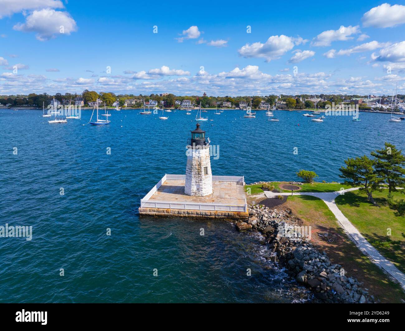 Goat Island Lighthouse aerial view on Goat Island in Narragansett Bay ...