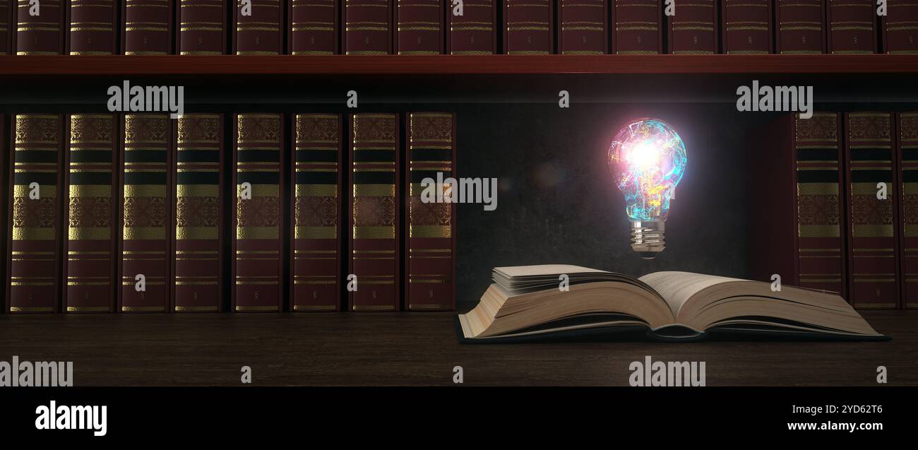 Open Book Glowing Light Bulb Bookshelf - 3D illustration Stock Photo - Alamy