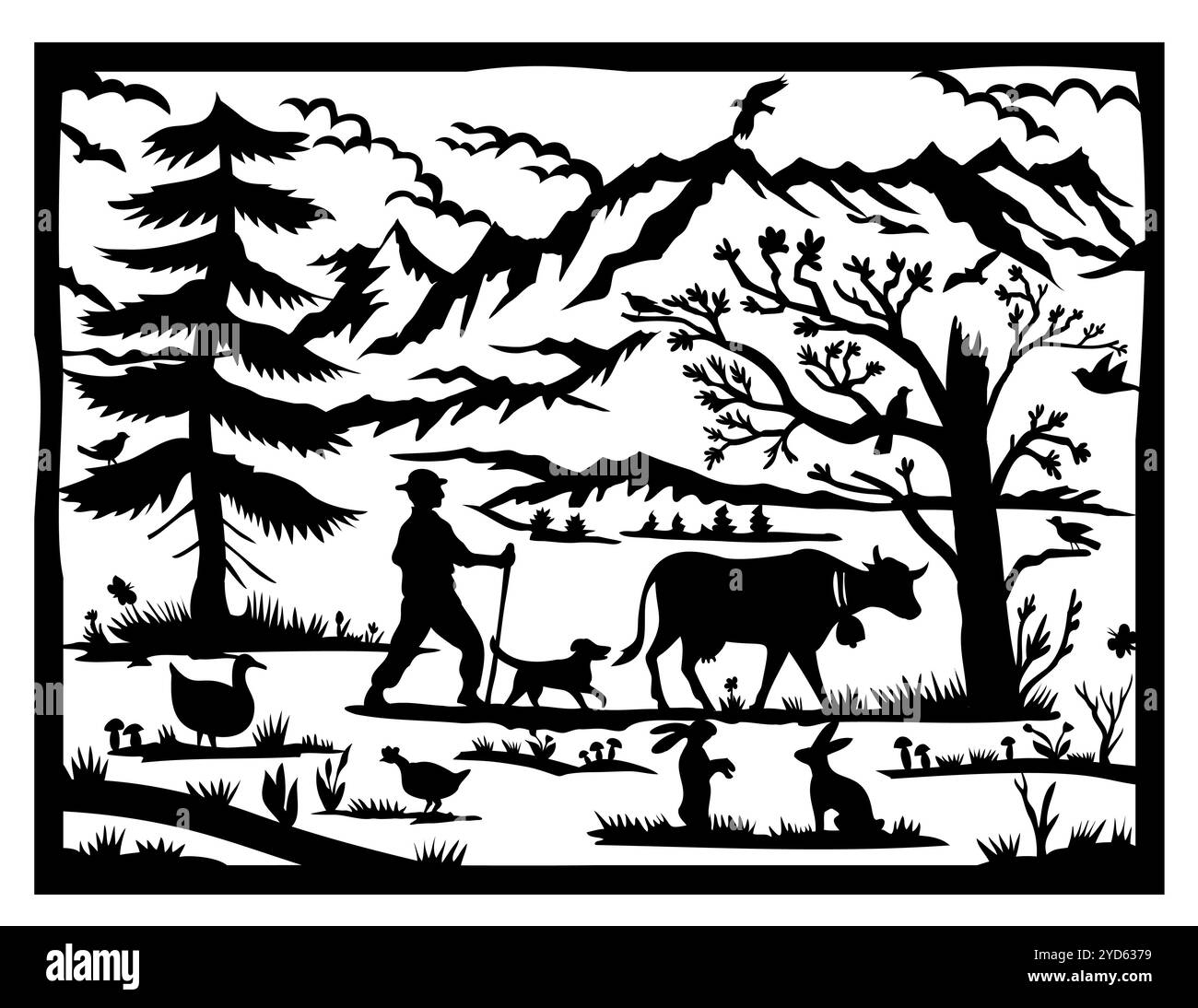Swiss scherenschnitte or scissors cut illustration of silhouette of ...