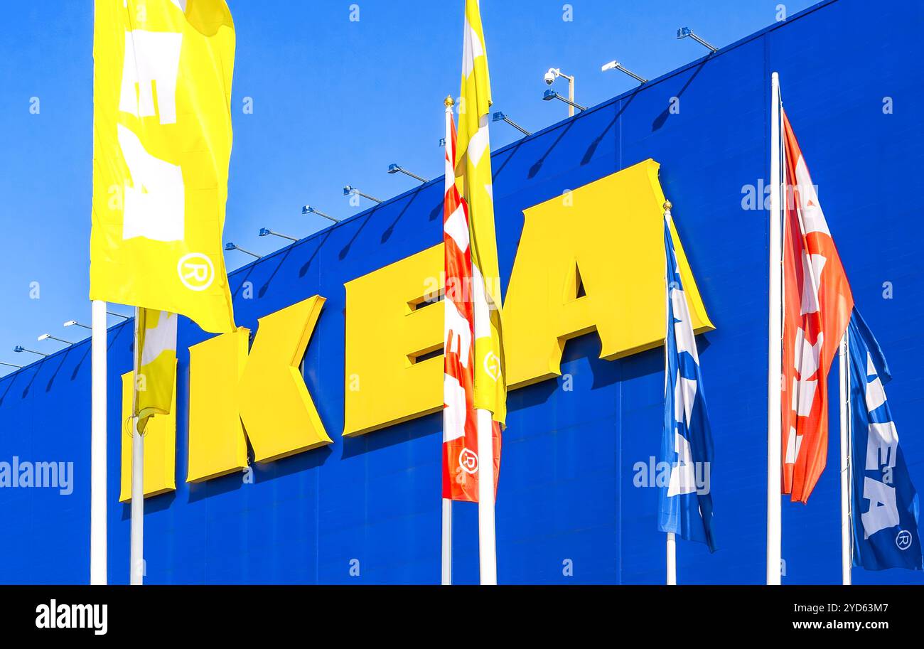 IKEA flags near the IKEA Store. IKEA is the world's largest furniture ...