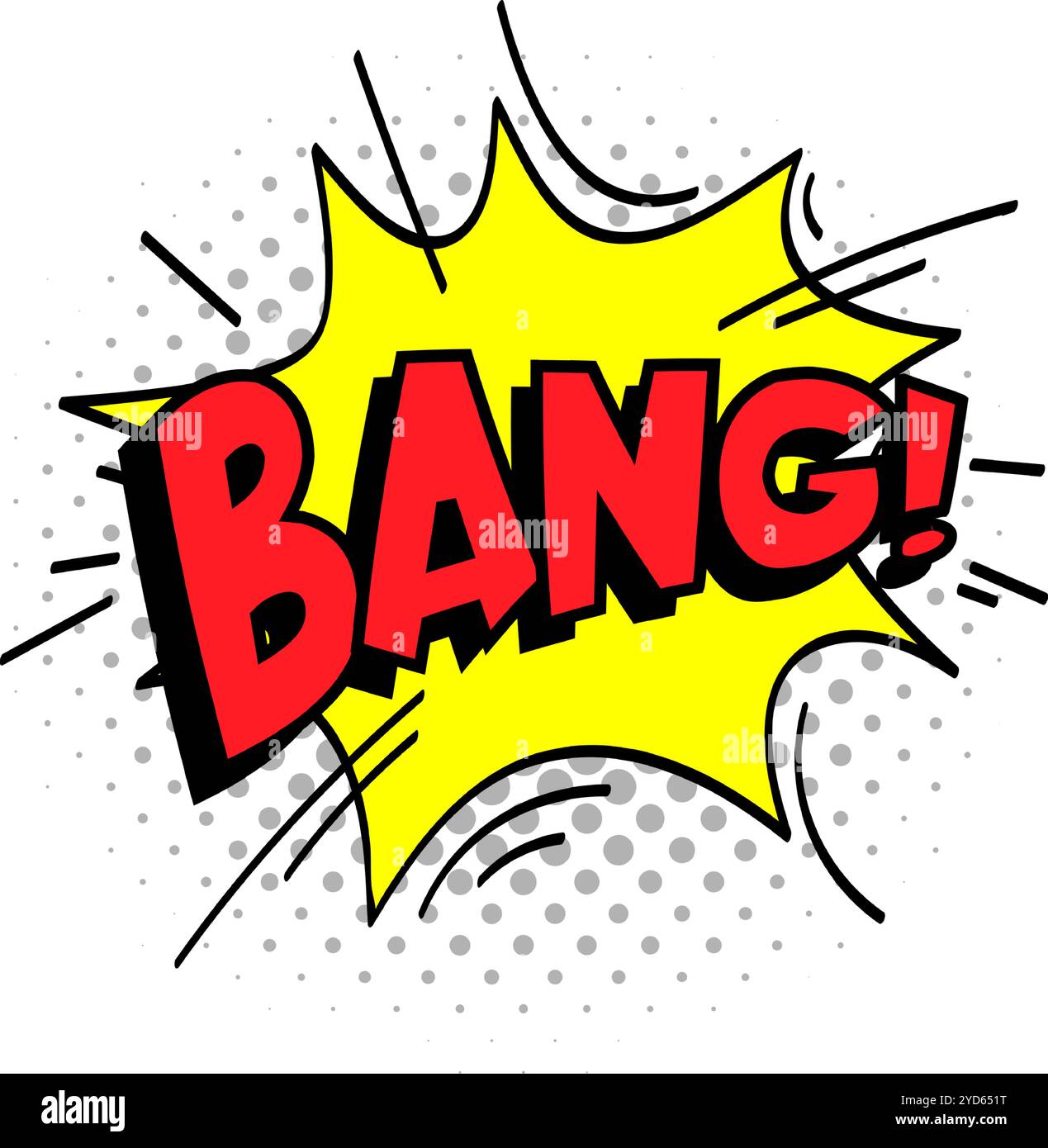 Red bang comic book explosion text with yellow starburst and gray ...