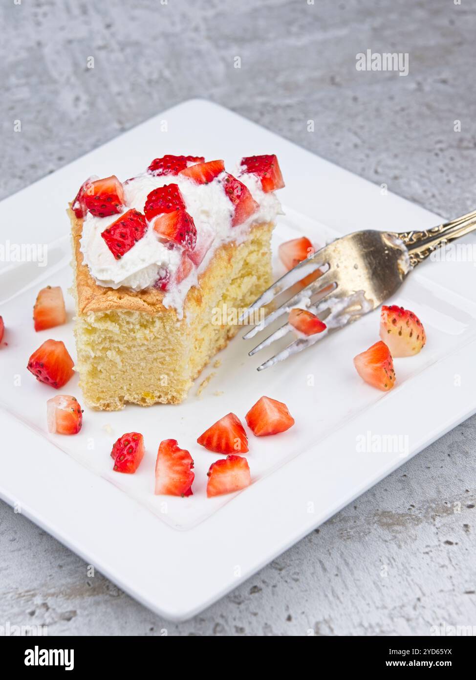 A close up photo of a slice of homemade sponge cake topped with whipped ...