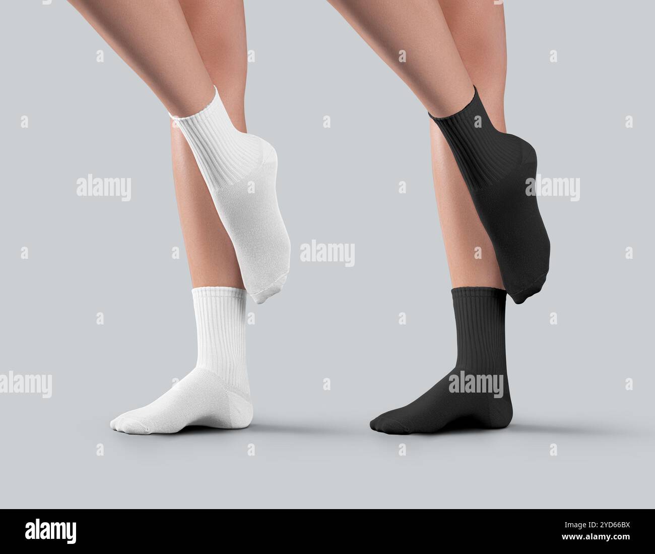 Template of white, black medium socks on women's legs, side view, one ...
