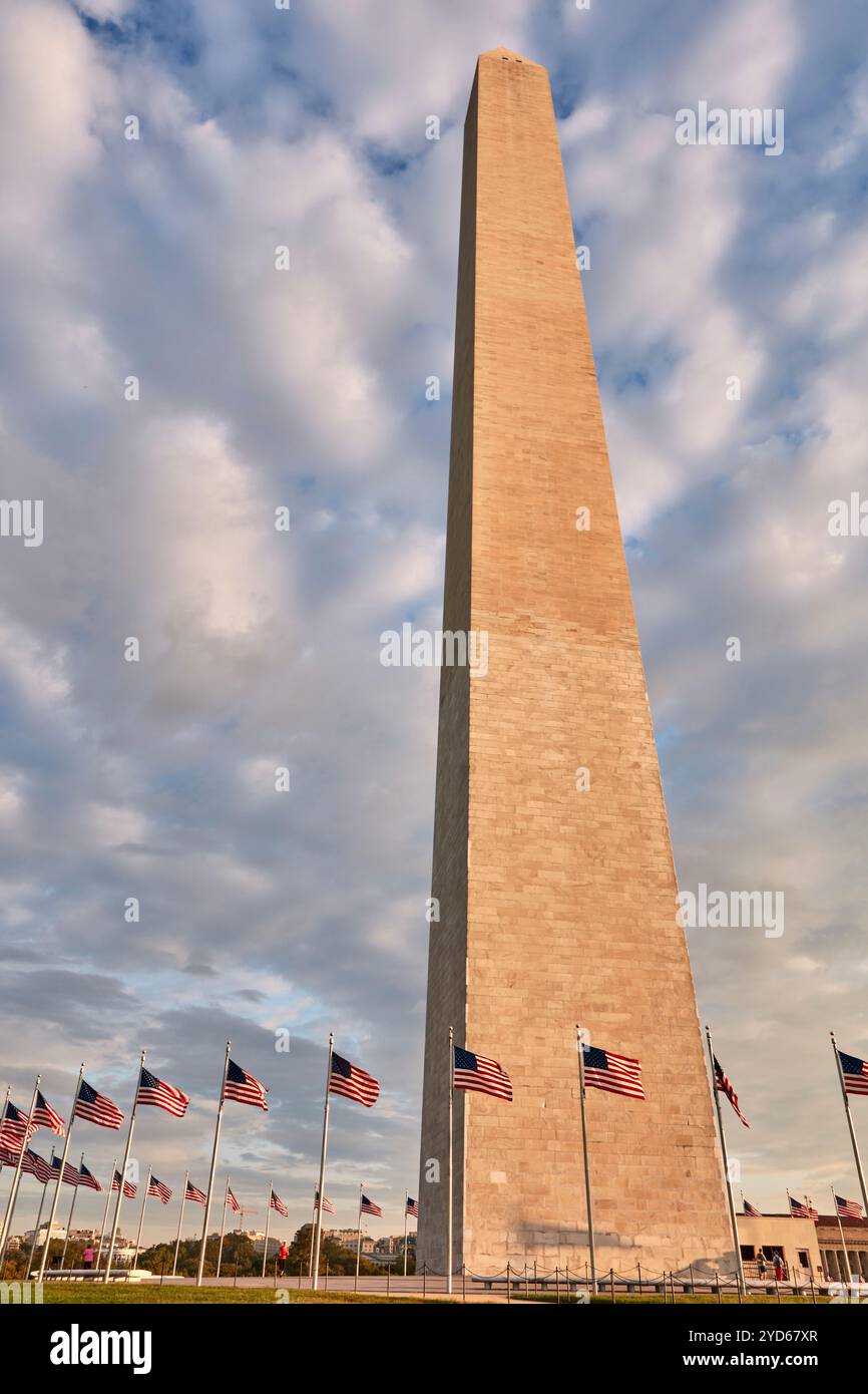 A striking upward view of the Washington Monument, photographed during ...