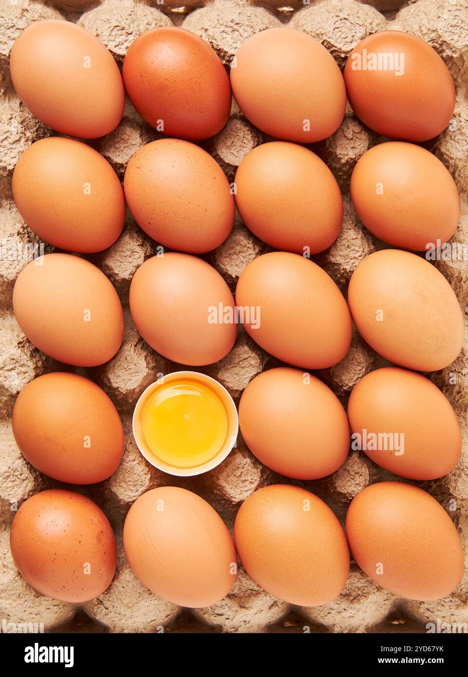 Two dozen eggs, one egg missing. The egg is yellow, the rest are white ...