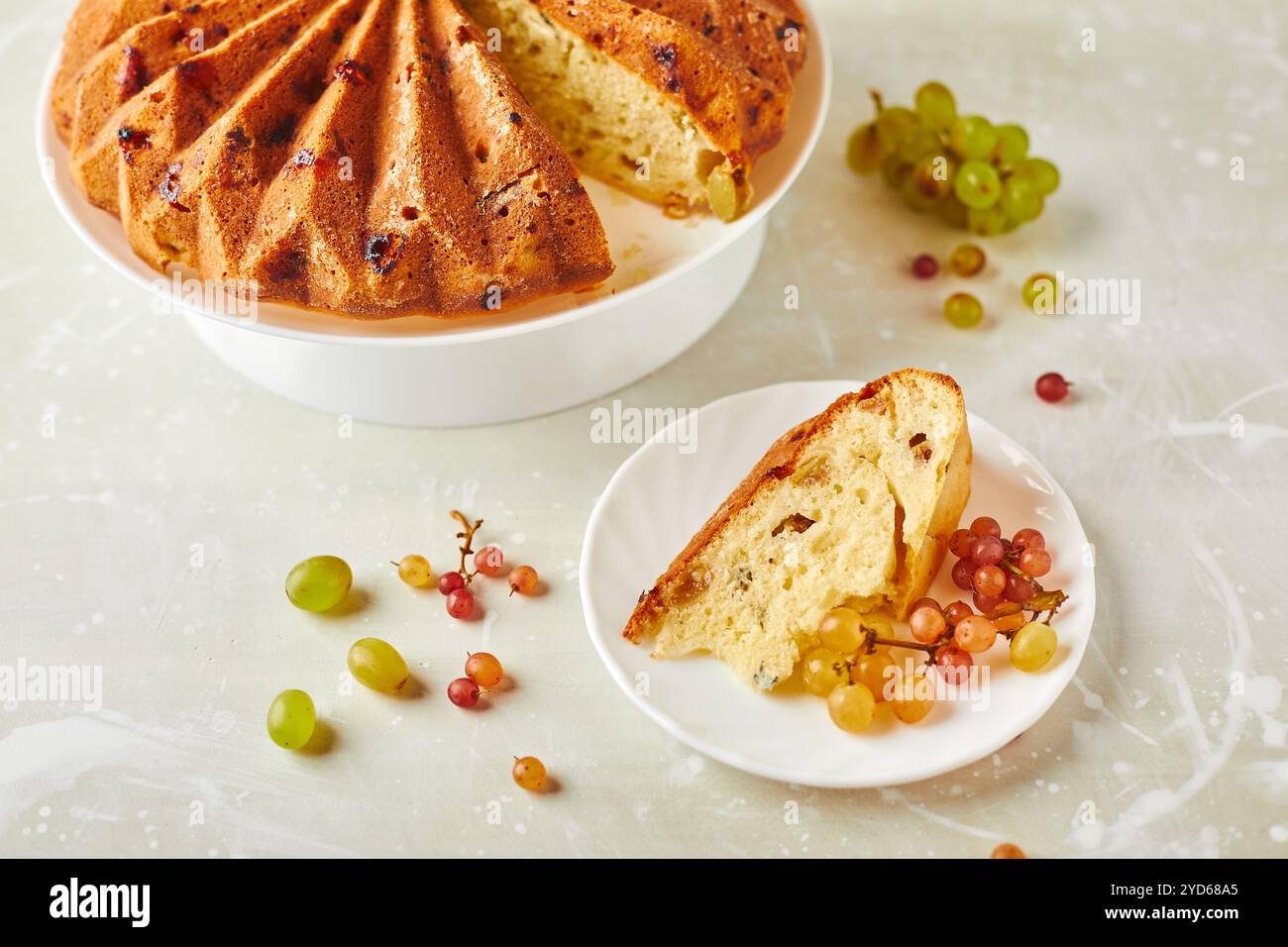 Delicious homemade grape sponge cake with noble mold cheese on a stone ...