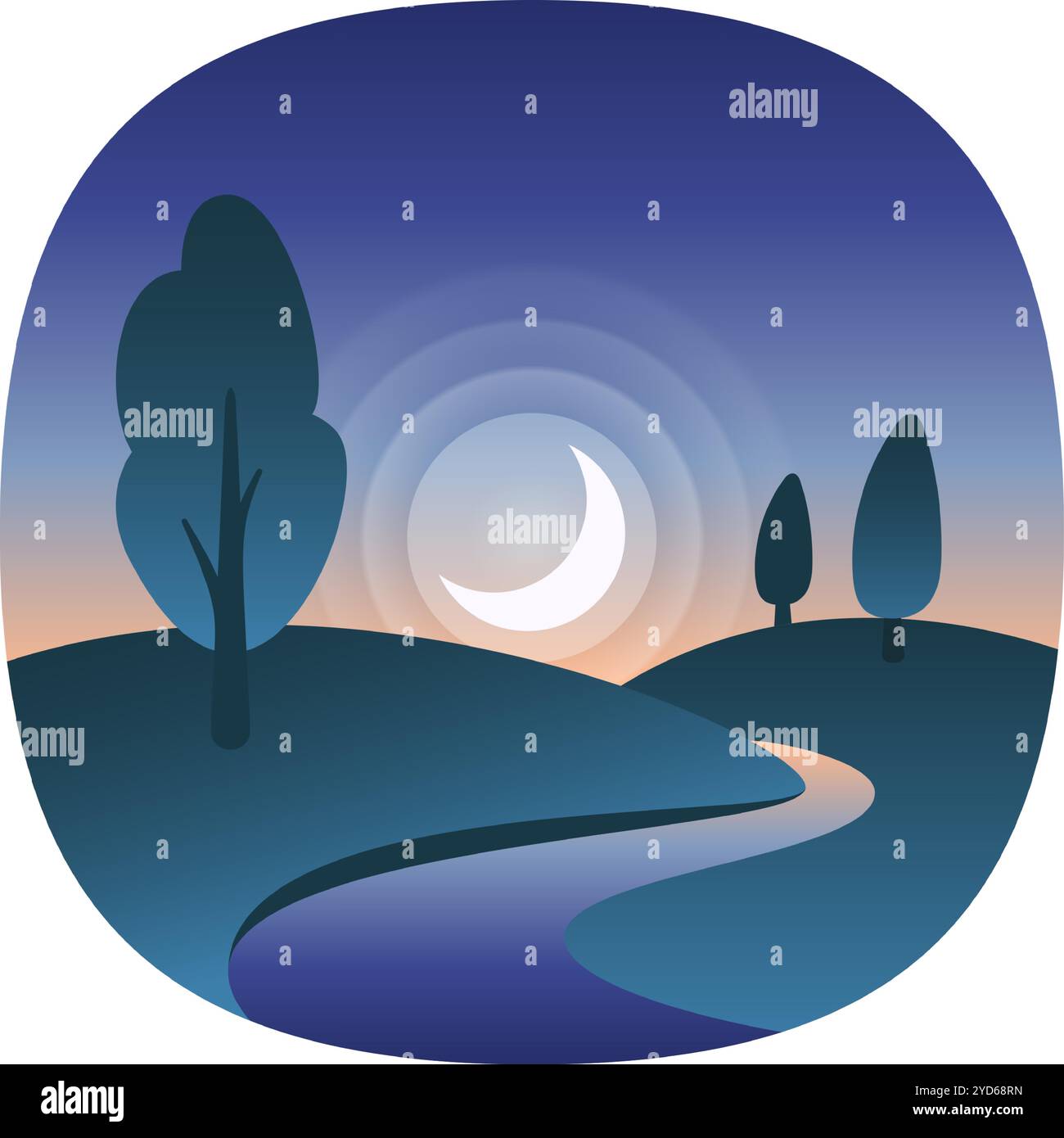 Crescent moon illuminating a tranquil landscape with a winding river, trees, and rolling hills ...