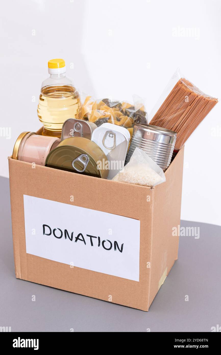 Donation Box of Free Food. Carton Box with Canned Food, Cereals and ...