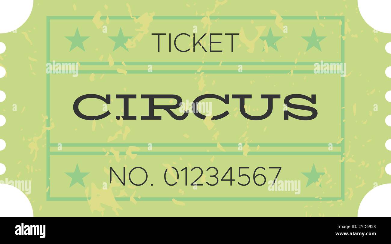 Vintage green circus ticket with black writing and stars, number ...