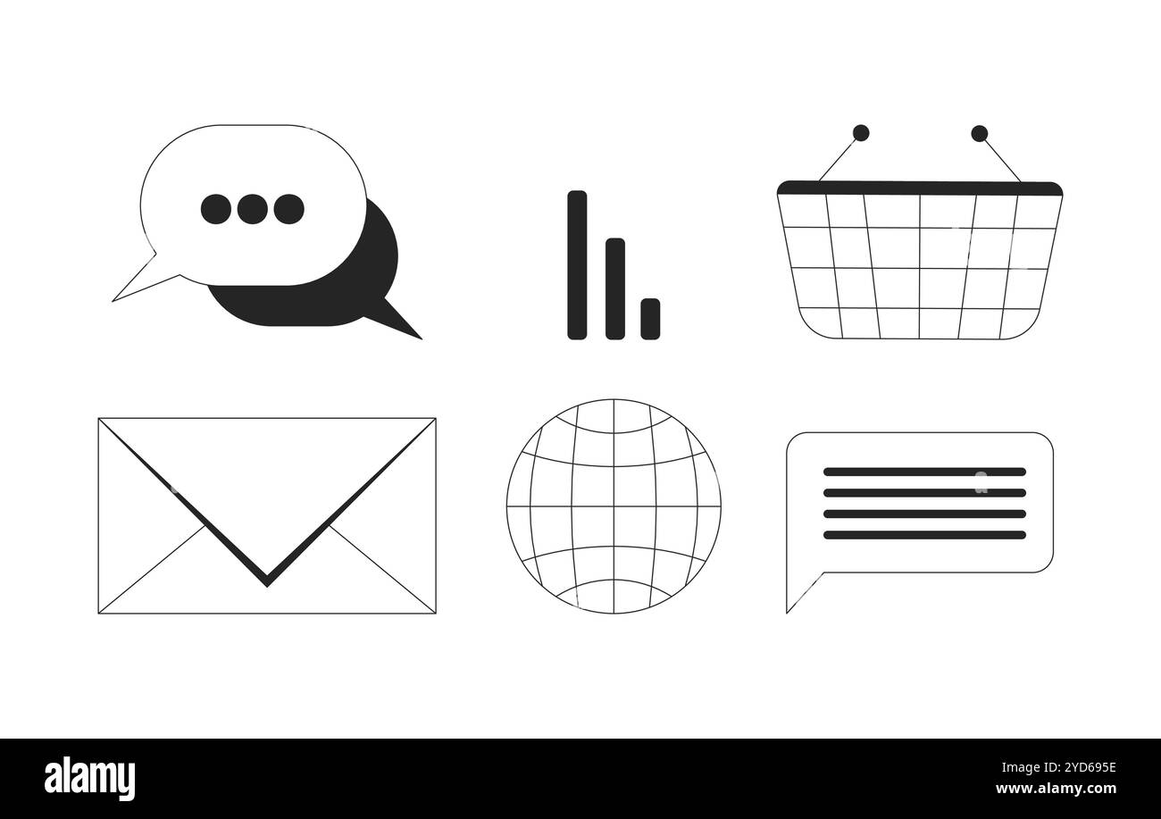 Digital communication social network black and white 2D line objects set Stock Vector Image ...