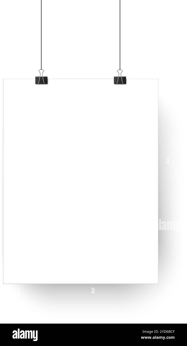 Blank white square poster hanging with binder clips on white background ...