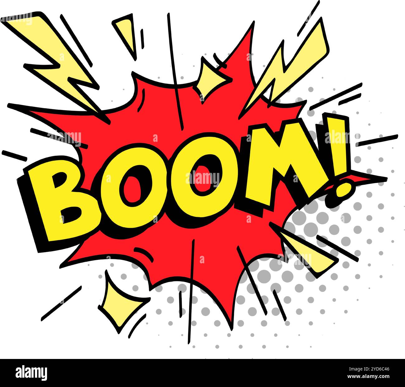Cartoon explosion with the word boom is depicted with lightnings and ...