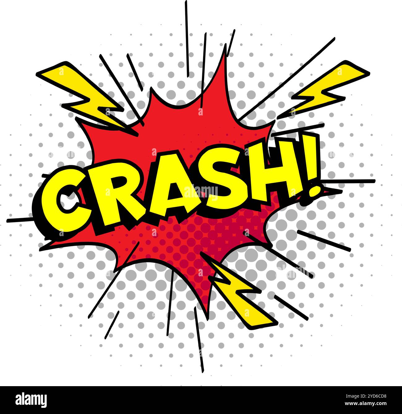 Yellow crash writing on a red comic explosion shape with lightning ...