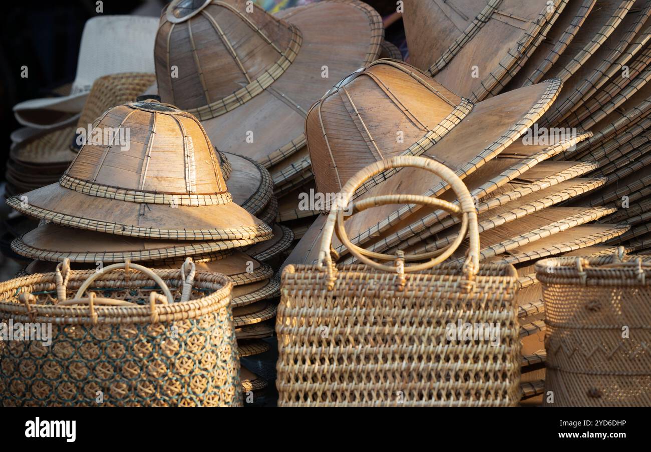 Traditional asia handmade objects hats baskets street store sale Stock ...
