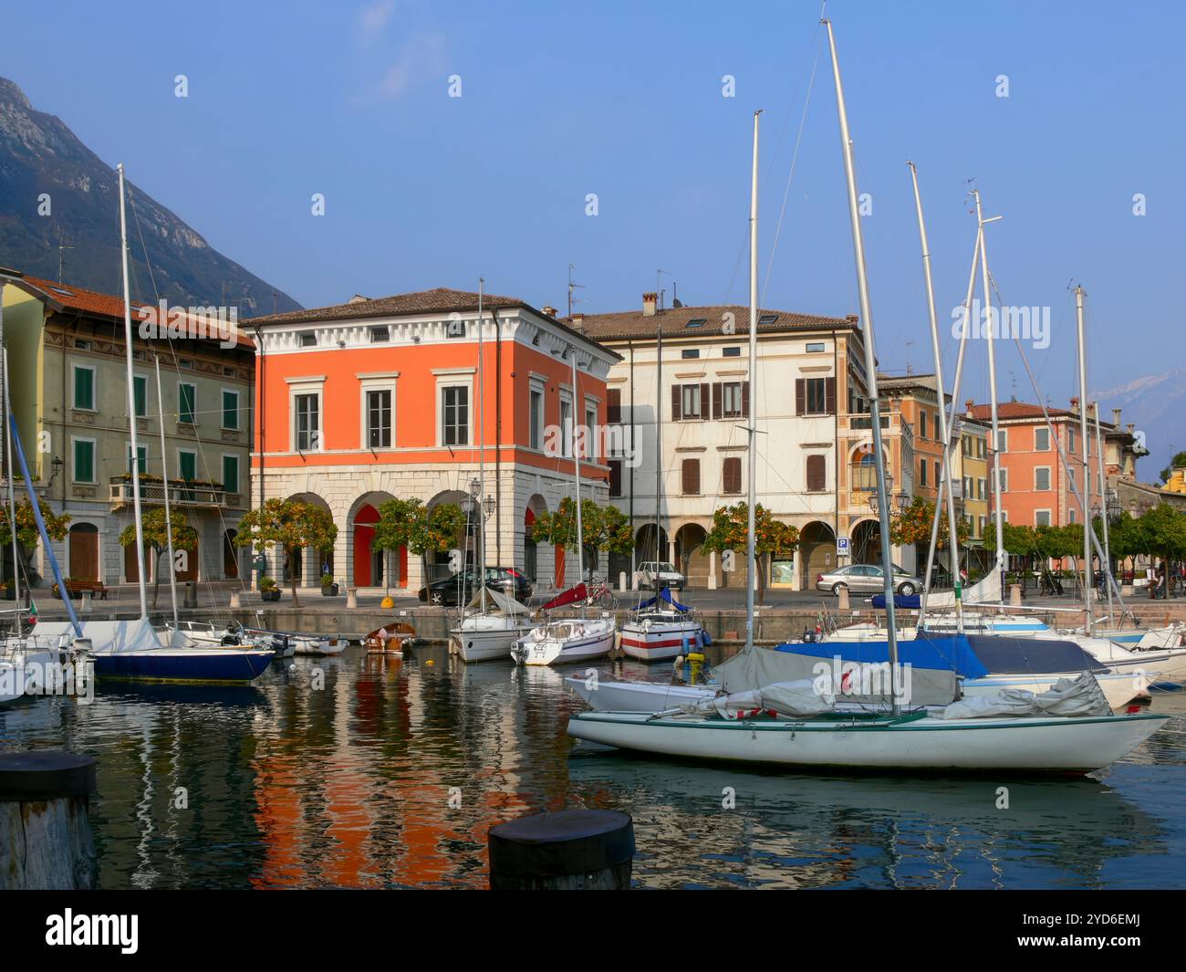 The small harbor of the town of Gargnano on the western shore of Lake ...