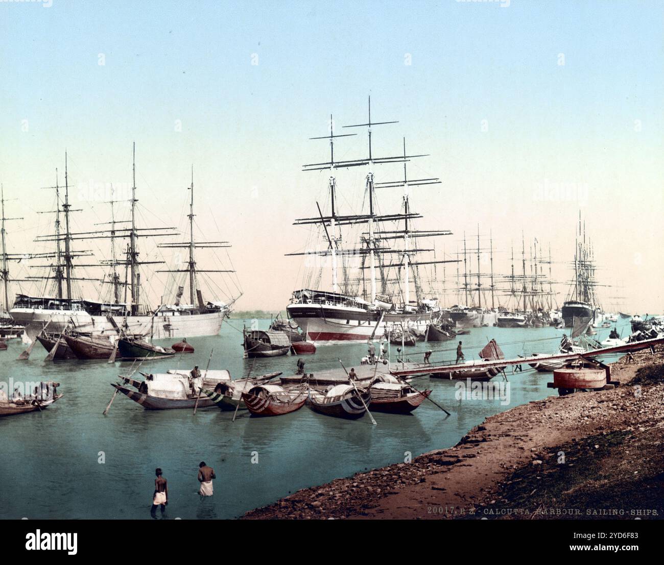 Sailing ships in the harbour of Kolkata, Calcutta, India, Historic ...