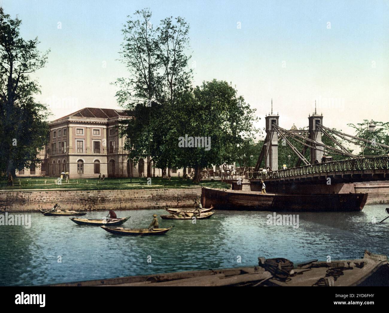 Singapore, Cavenagh Bridge with Stamp Office , Historic, digitally ...