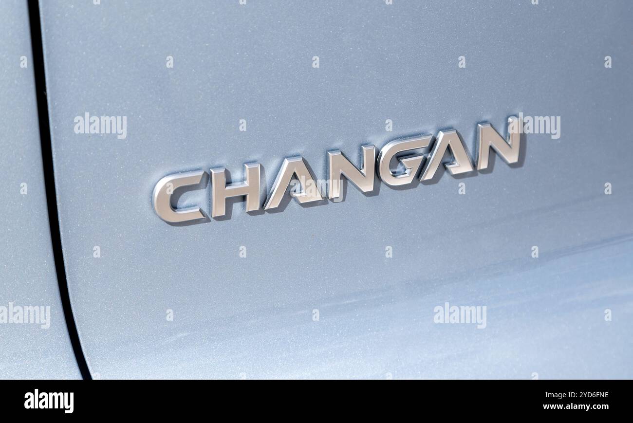 Closeup of Changan logo on the car. Chinese automobile manufacturer ...