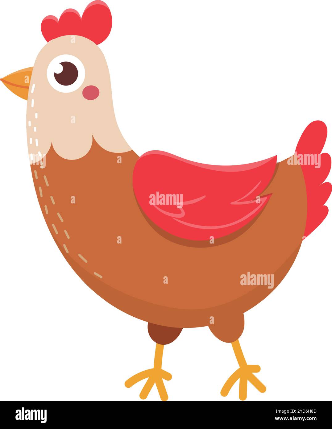 Cheerful cartoon hen with a red crest walks happily to the left ...