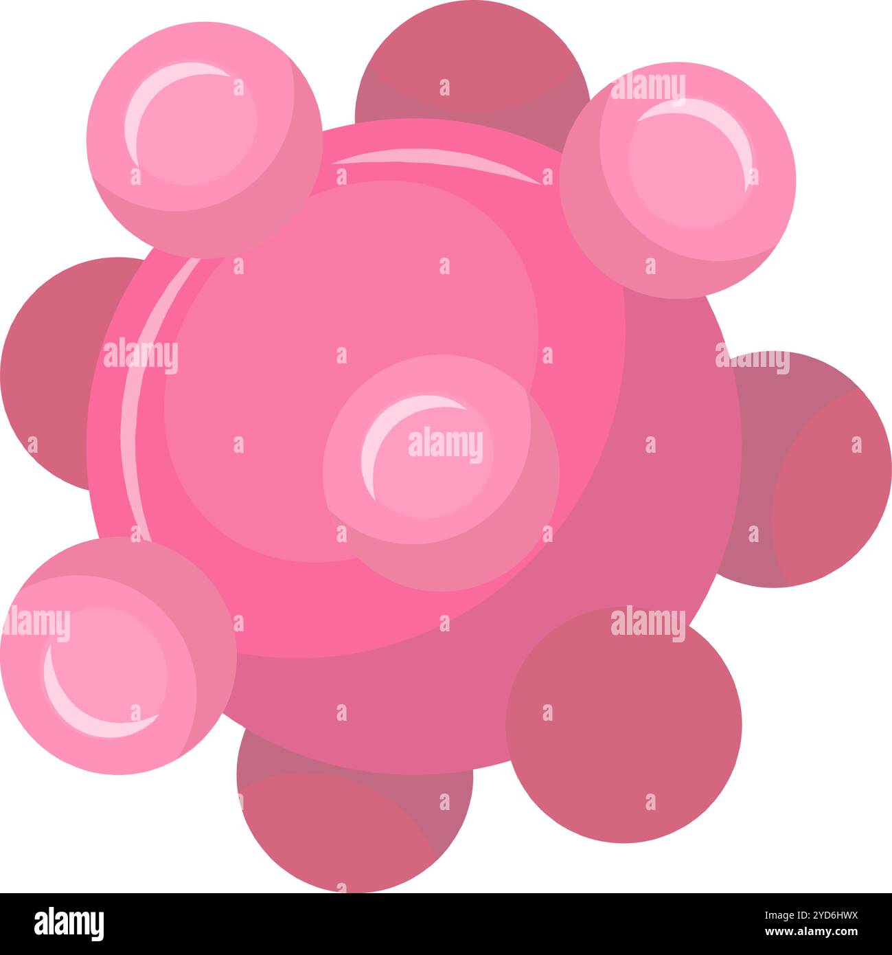 Pink virus cell with smaller circles attached around a larger central ...