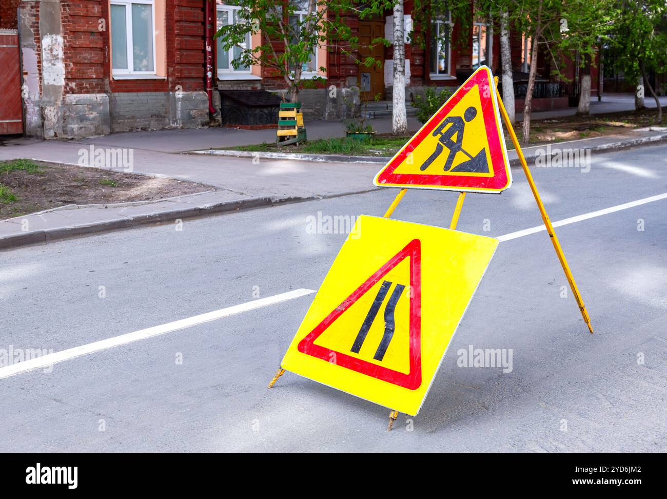 Road works sign at the city street Stock Photo - Alamy