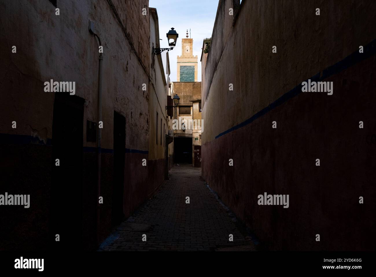 Minaret of the Lalla Aouda mosque seen from the medina of the city of ...