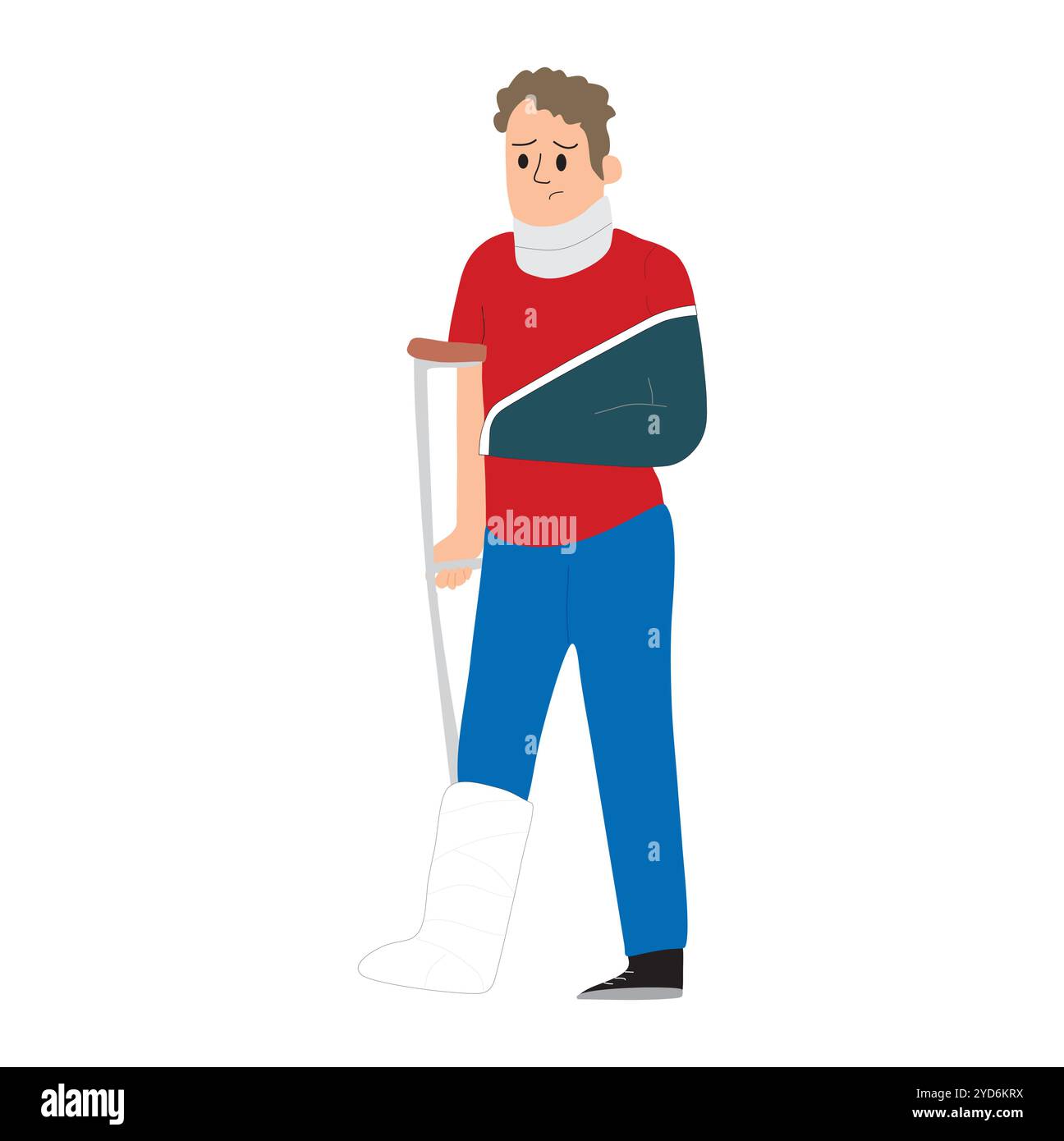 Hand draw of a man with a leg in a cast and an arm in a sling on a ...