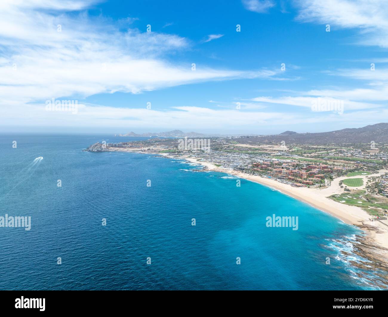 Aerial view of tropical beach with resorts in Cabo San Jose, Baja ...