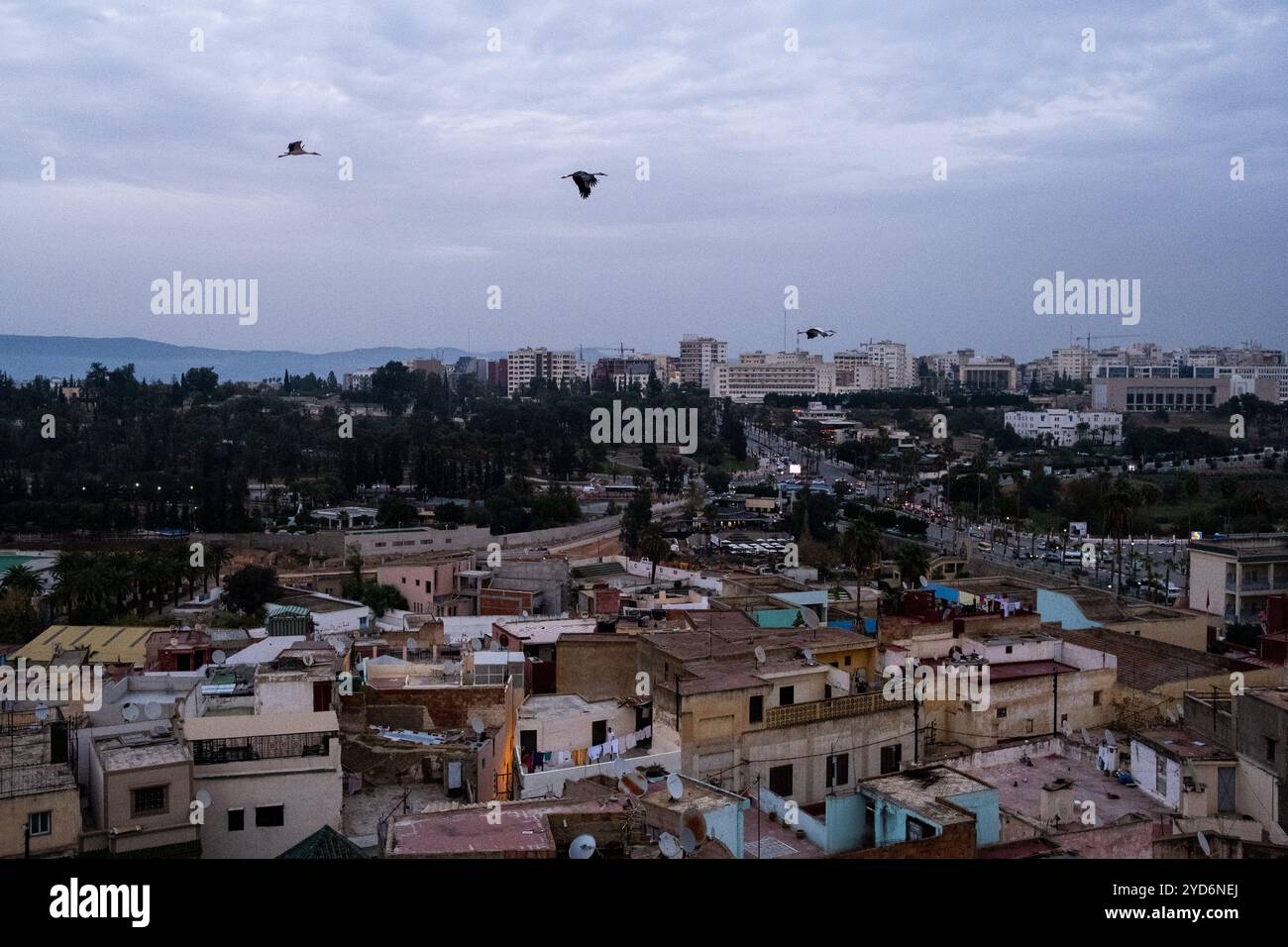 Rooftop landscape of the medina with the new town under construction in ...